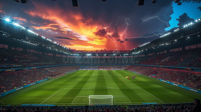 Soccer Match Under Dramatic Sunset Sky with Lightning Stock Photo ...