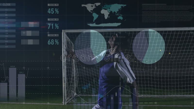 Soccer Player in Action with Data Analytics Animation Over World Map ...