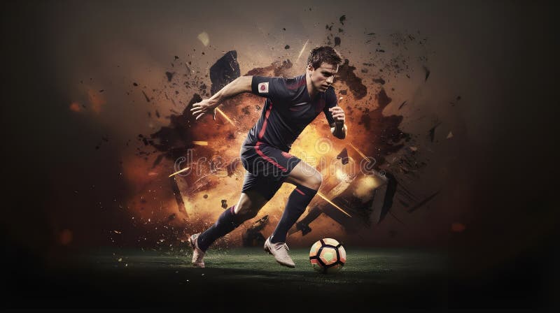 Soccer Player in Action with Dramatic Explosion Background Stock ...