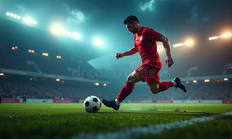 Soccer Player in Action Dramatic Stadium Lighting Stormy Stock ...