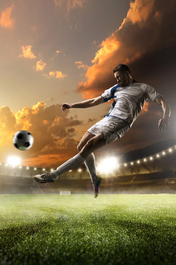 Soccer Player in Action on Sunset Stadium Panorama Background Stock ...