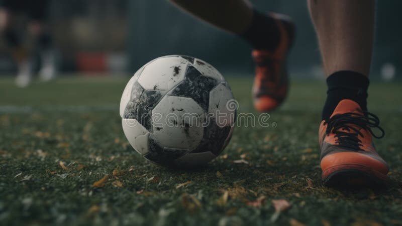 Soccer Player with Ball on the Field at Night. Close-up - Made with ...