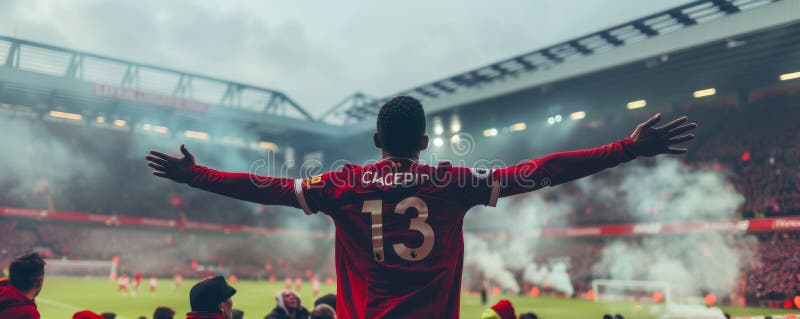A Soccer Player Celebrating a Goal with Fans in the Stadium Stock ...