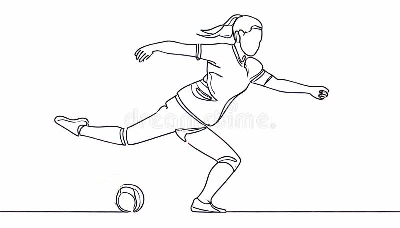 Soccer Woman Athlete Dribbling the Ball on the Field, Continuous Line ...