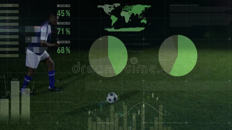 Soccer Player on Field with Data Analytics and World Map Animation ...