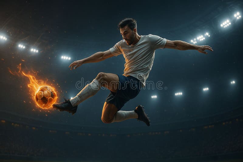 Soccer Player Kicks Flaming Ball in Zero Gravity Stadium Stock ...