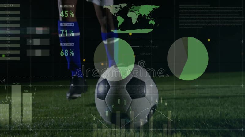 Soccer Player Positioning Foot on Pitch at Night, Displaying Tech Bar ...