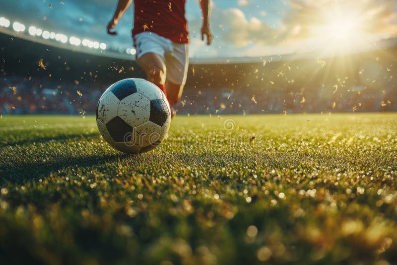 Soccer Player Running with Ball on Field during Sunset Game Stock Photo ...