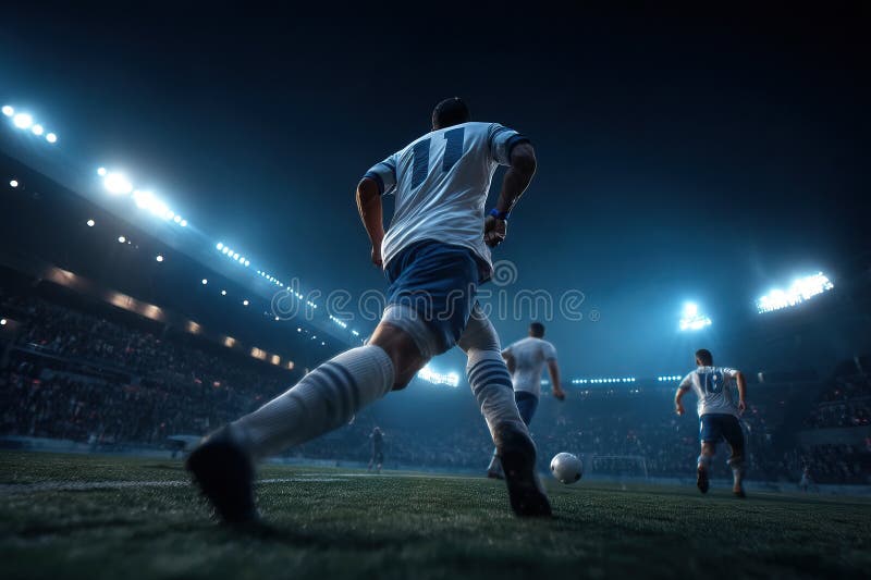Soccer Player Running with the Ball in a Stadium during Night Match ...