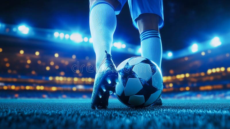Soccer Player about To Kick Ball Under Bright Stadium Lights at Night ...
