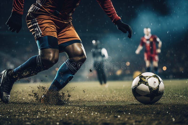 Soccer Players in Action on the Sunset Stadium Background Panorama ...