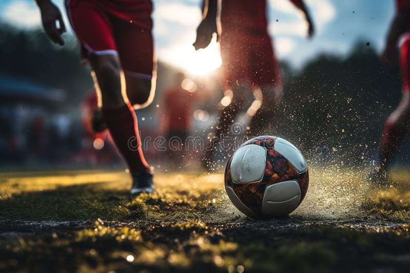 Soccer Players in Action on the Sunset Stadium Background Panorama ...
