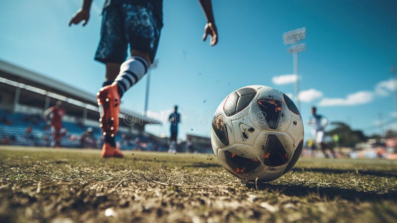 Soccer Players in Action on the Sunset Stadium Background Panorama ...