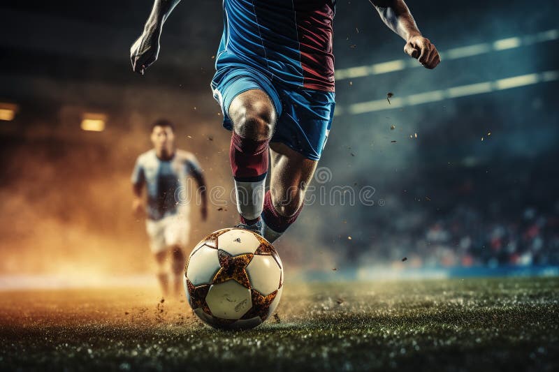 Soccer Players in Action on the Sunset Stadium Background Panorama ...