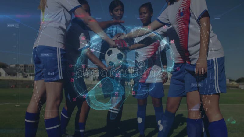 Soccer Players in Huddle with Digital Data Processing Animation Overlay ...