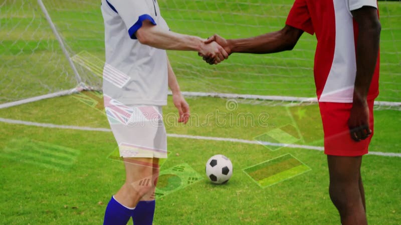 Soccer Players Shaking Hands on Field with Data Processing Animation ...