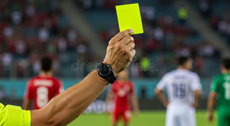 A Soccer Referee Holds Up a Bright Yellow Card in a Stadium Setting ...