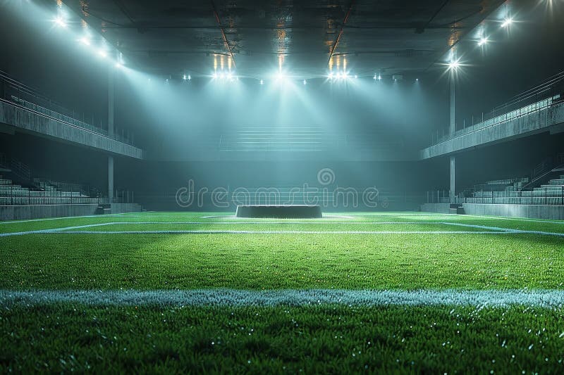 Soccer Stadium Core with Simple Podium, Empty Rows, Grass Field, Light ...