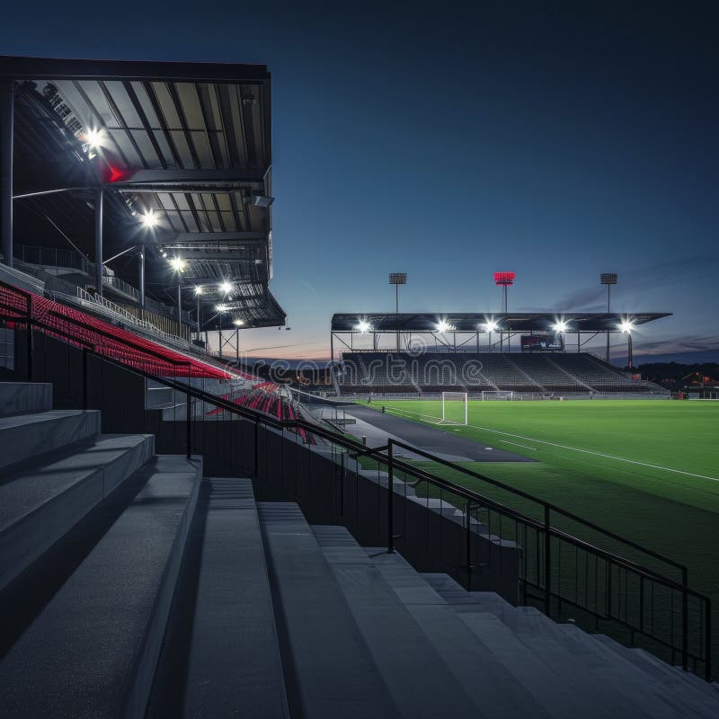 Soccer Stadium at Night Empty with Lights on Stock Image - Image of ...