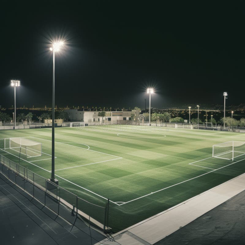 Soccer Stadium at Night Empty with Lights on Stock Image - Image of ...