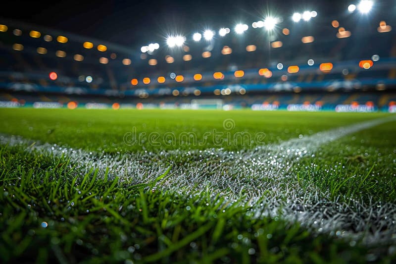 Soccer Stadium, Night Time, Lights on the Stands, Grass Field, Wide ...