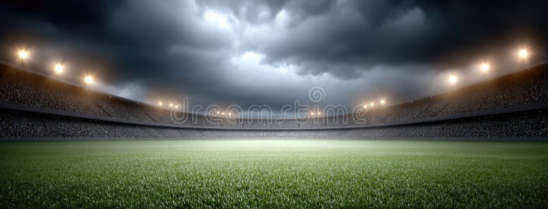 The Soccer Stadium Shines at Night with Bright Lights on the Field and ...