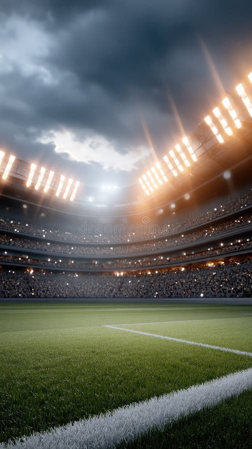 The Soccer Stadium Shines at Night with Bright Lights on the Field and ...