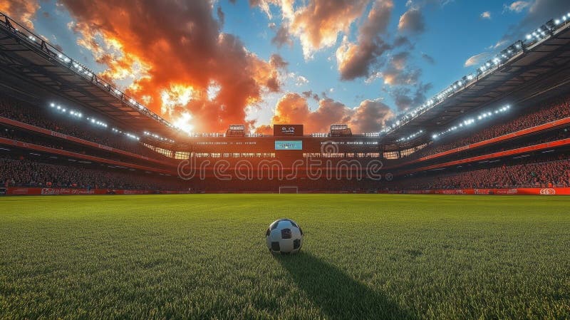 Soccer Stadium at Sunset with Central Ball on Green Field Stock Image ...