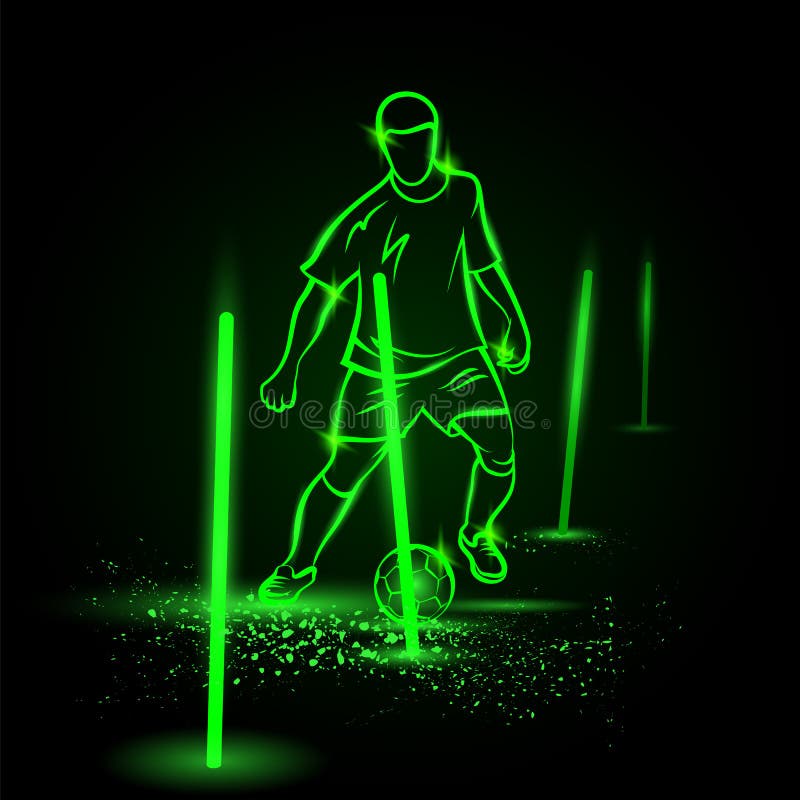 Soccer Training Process. Green Neon Soccer Player Training with Ball ...