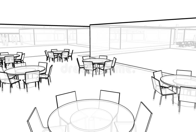 Abstract 3d Illustration of a Gathering Area with Big Circular Tables ...