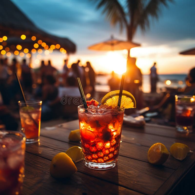 Social Gathering at a Beachside Bar with Tropical Drinks and the Sea in ...