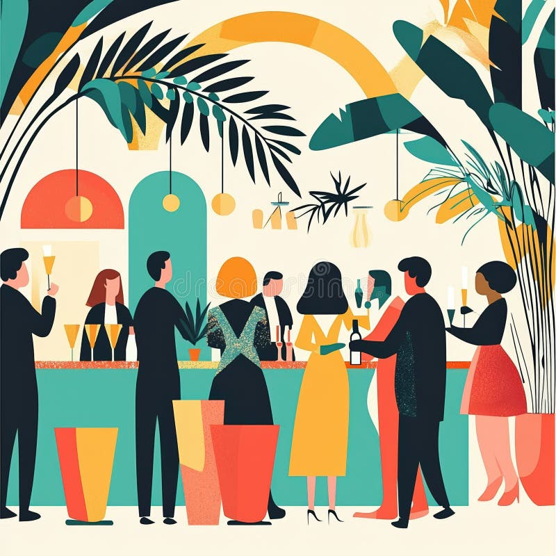 Social Gathering in a Vibrant Bar Scene Stock Illustration ...