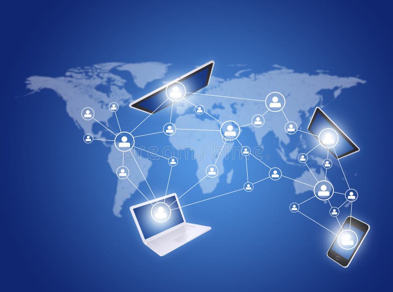 Social Icons and Devices on World Map Stock Illustration - Illustration ...