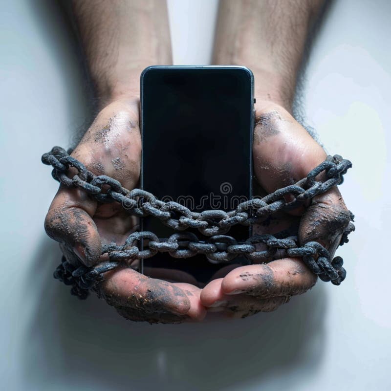 Social Media Addiction Chained Hands with a Mobile Phone Stock ...