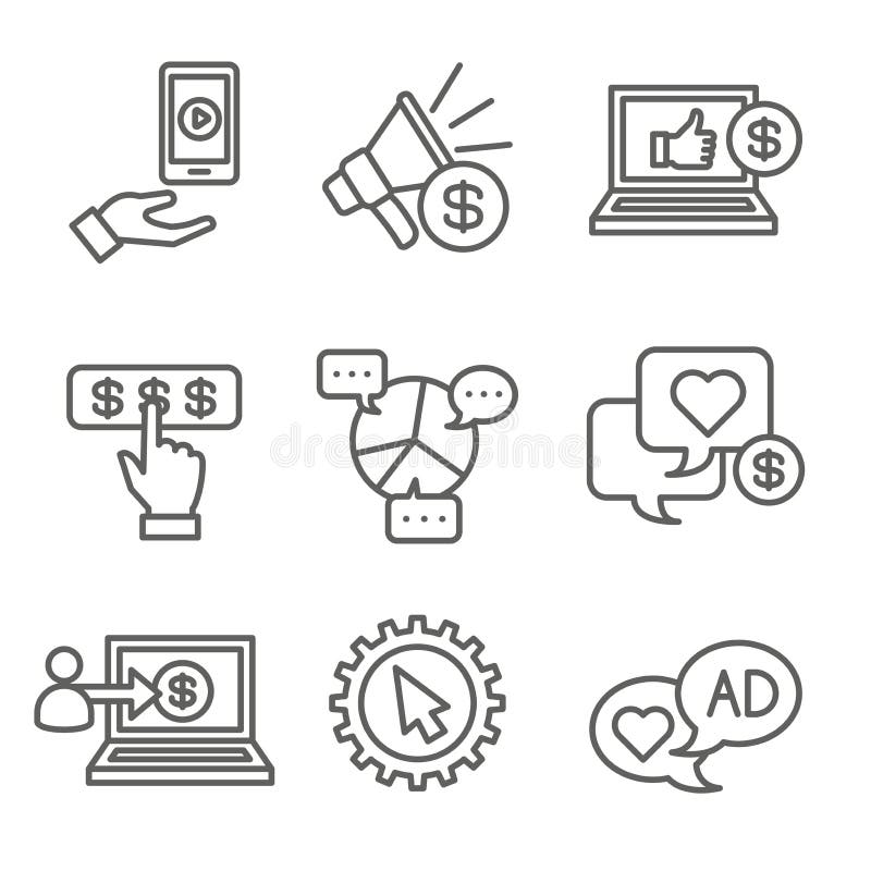 Social Media Ads Icon Set with Video Ads, User Engagement, Etc Stock ...