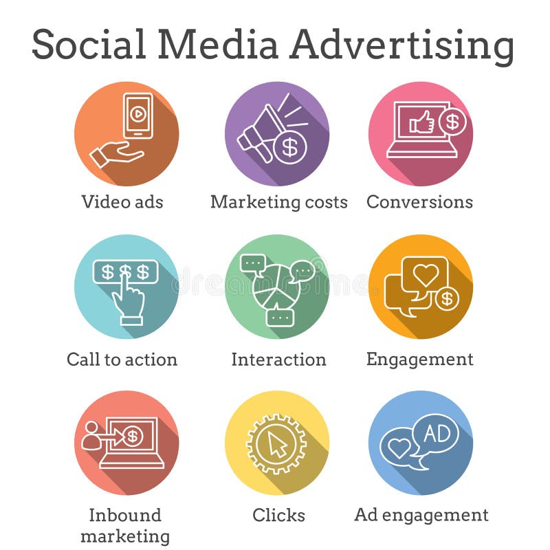 Social Media Ads Icon Set with Video Ads, User Engagement, Etc Stock ...