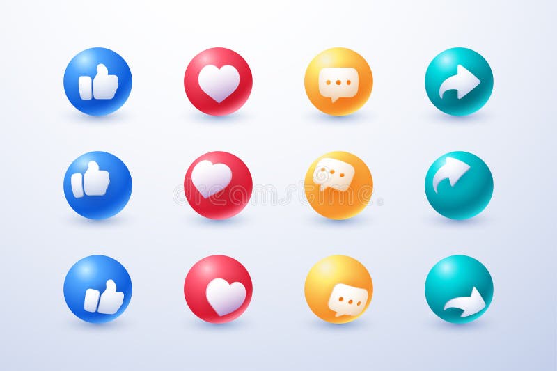 Social Media Circle Icon Set Thumbs, Comment, Share and Love 3d Style ...