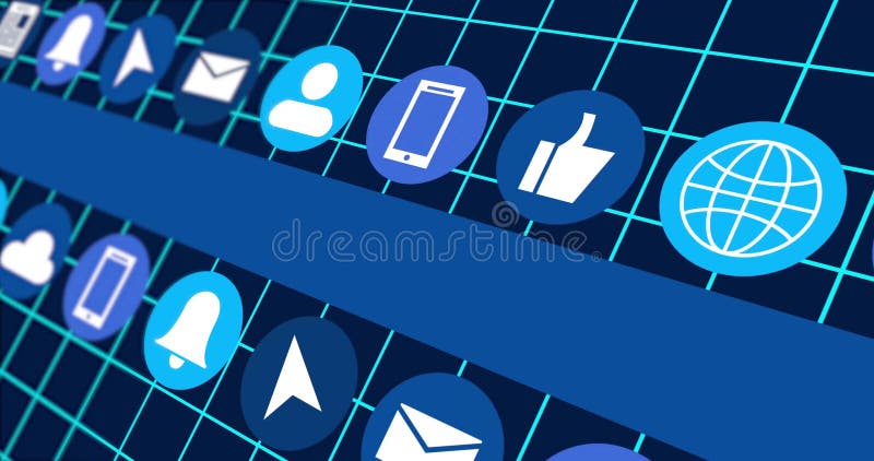 Social Media and Communication Icons Image Over Blue Grid Background ...