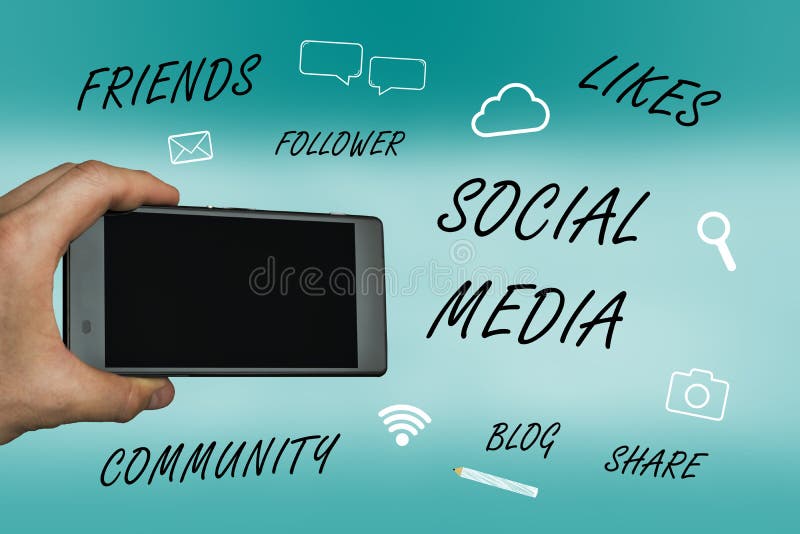Social Media Concept with Hand Holding Mobile Device and Icons Stock ...