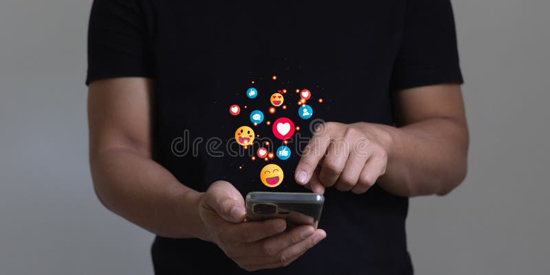 Social Media Concept. Young Man Hands Using Mobile Smartphone with Icon ...