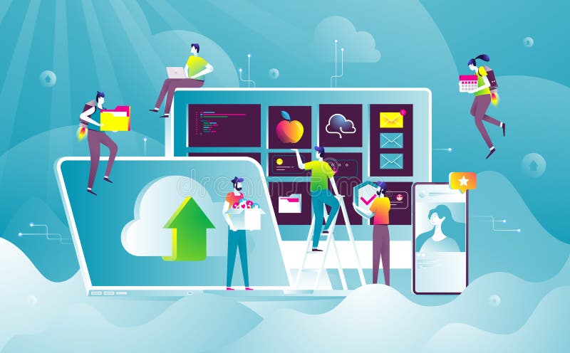 Cloud Computing Service, Group of People Working Together Stock Vector ...