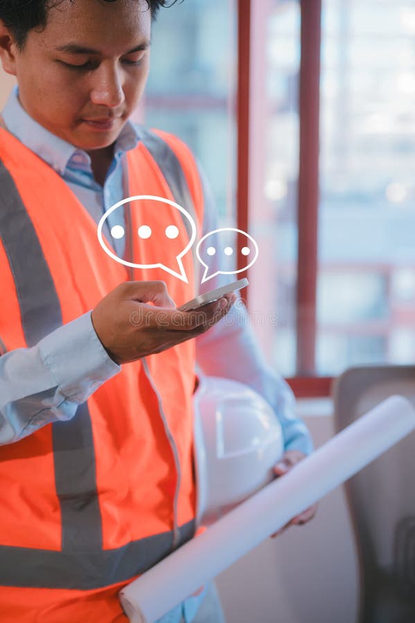 Social Media an Engineer Working on Site Using Smartphone Typing Live ...