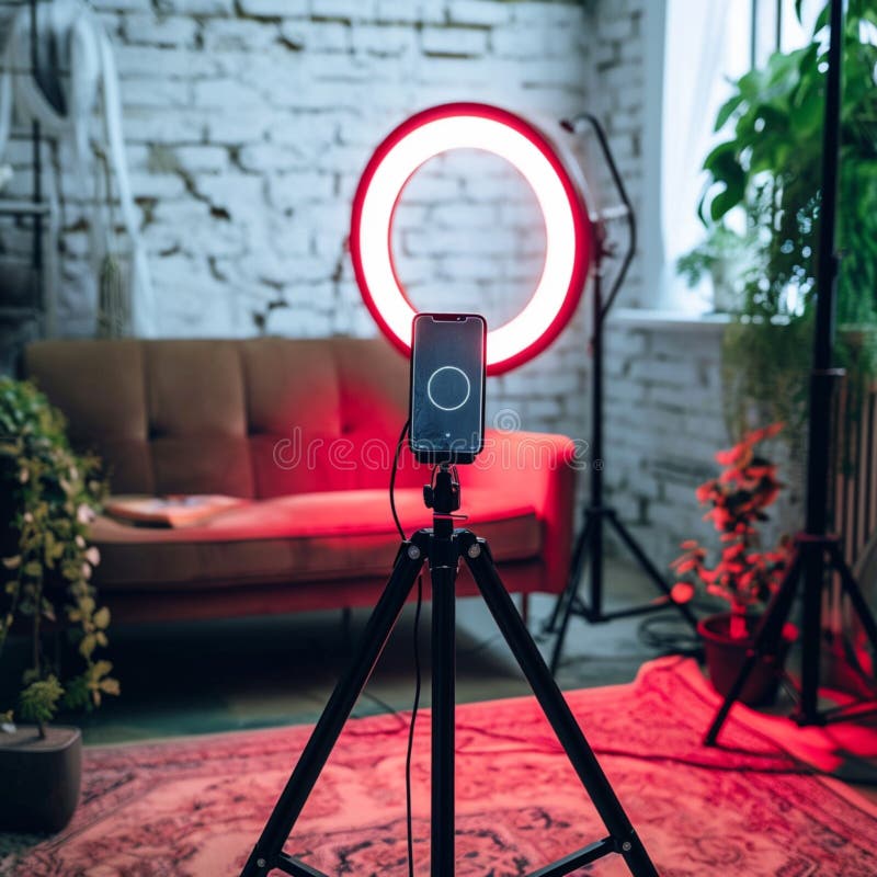 Social Media Hub Mobile Phone and Ring Lamp for Content Creation Stock ...