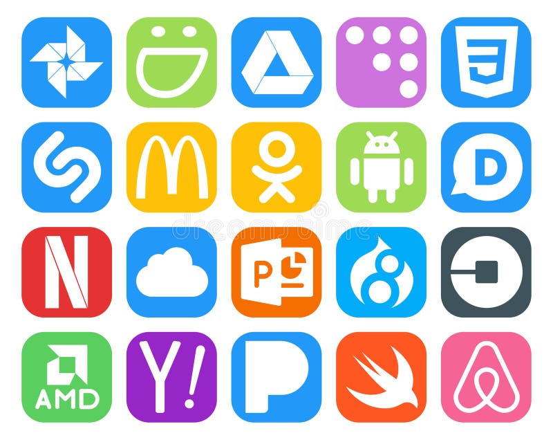20 Social Media Icon Pack Including Amd. Car. Android. Uber Editorial ...