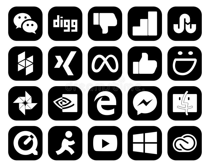 20 Social Media Icon Pack Including Quicktime. Messenger. Meta. Edge ...