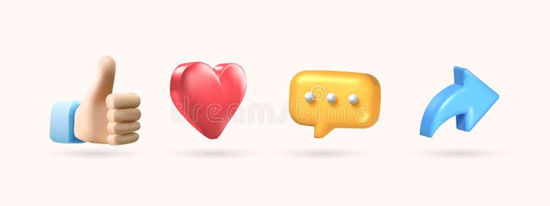 Social Media Icon Set Thumbs, Comment, Share and Love 3d Style Stock ...