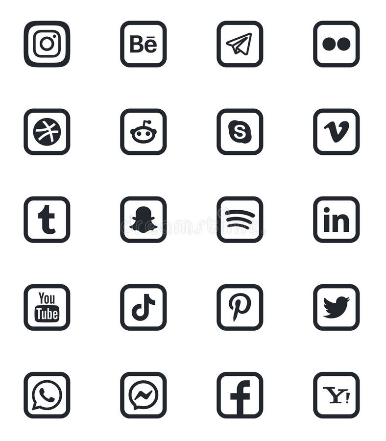 Social Media Icon Set of Web Applications in Black Outline Square Shape ...