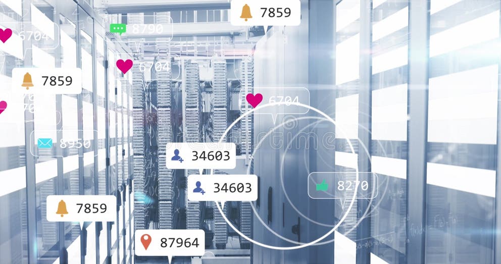 Social Media Icons and Notifications with Data Processing Over Computer Server Room Stock Image ...