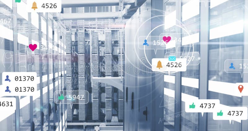 Social Media Icons and Notifications with Data Processing Over Computer Server Room Stock Video ...