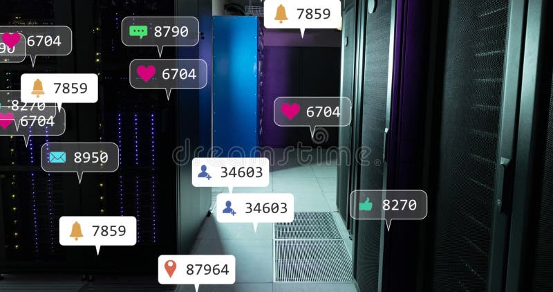 Social Media Icons and Notifications Processing Data Over Computer Server Room Stock Video ...